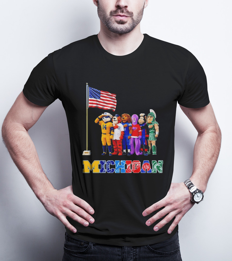 Patriotism In Michigan Sports Mascots Saluting American Flag T-Shirt