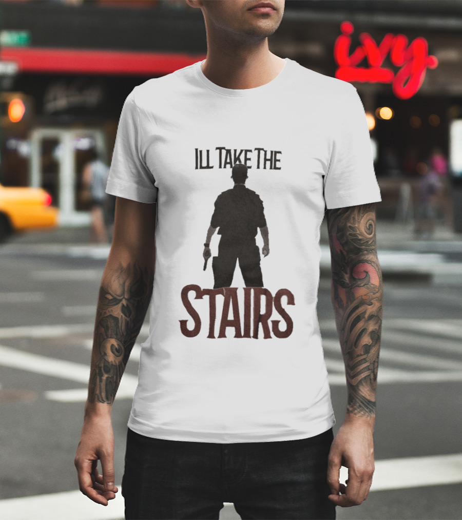 I'll Take The Stairs Shadowy Figure With Gun T-Shirt