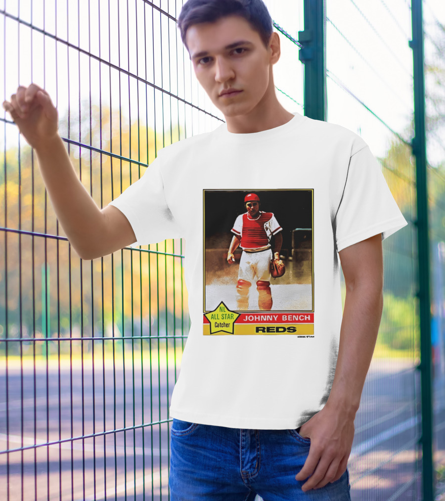 Johnny Bench Cincinnati Reds 1976 Topps NL All Star Catcher Retro Card T-Shirt