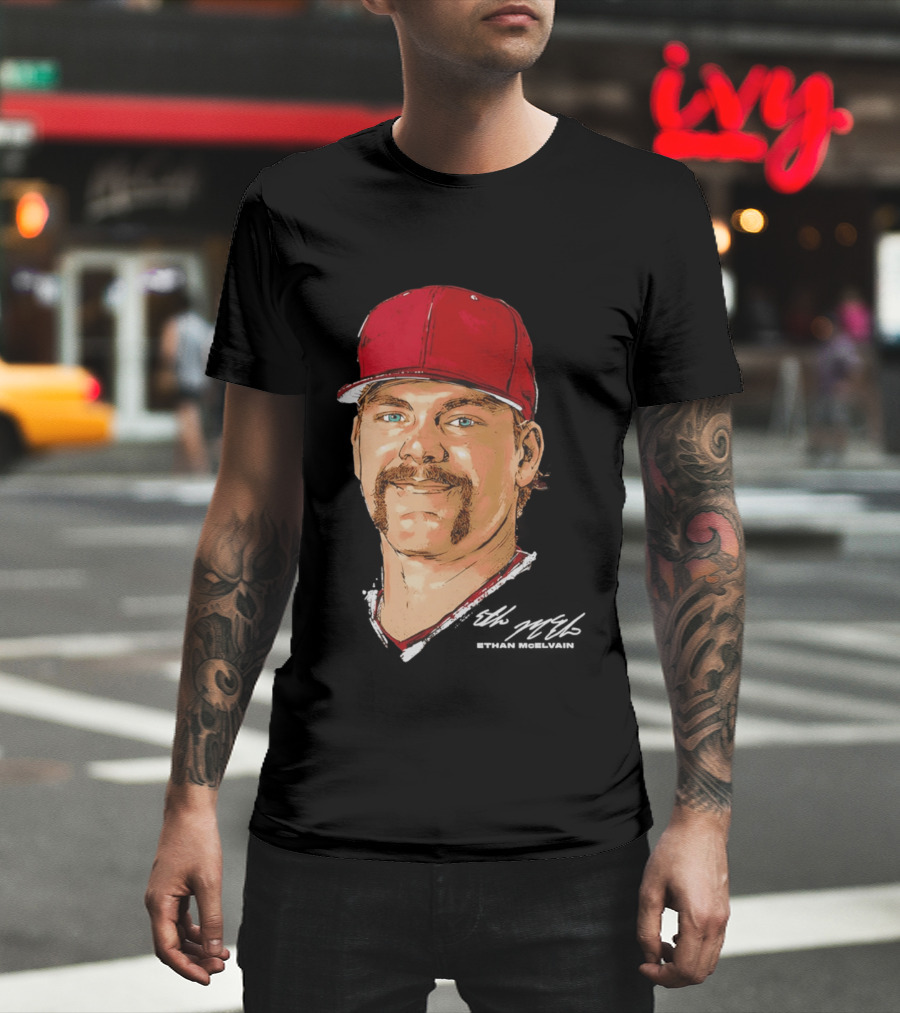 Ethan McElvain Arkansas Razorbacks Baseball Player Portrait In Red Cap T-Shirt