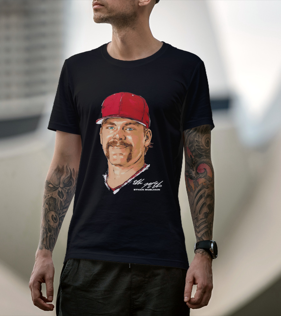 Ethan McElvain Arkansas Razorbacks Baseball Player Portrait In Red Cap T-Shirt