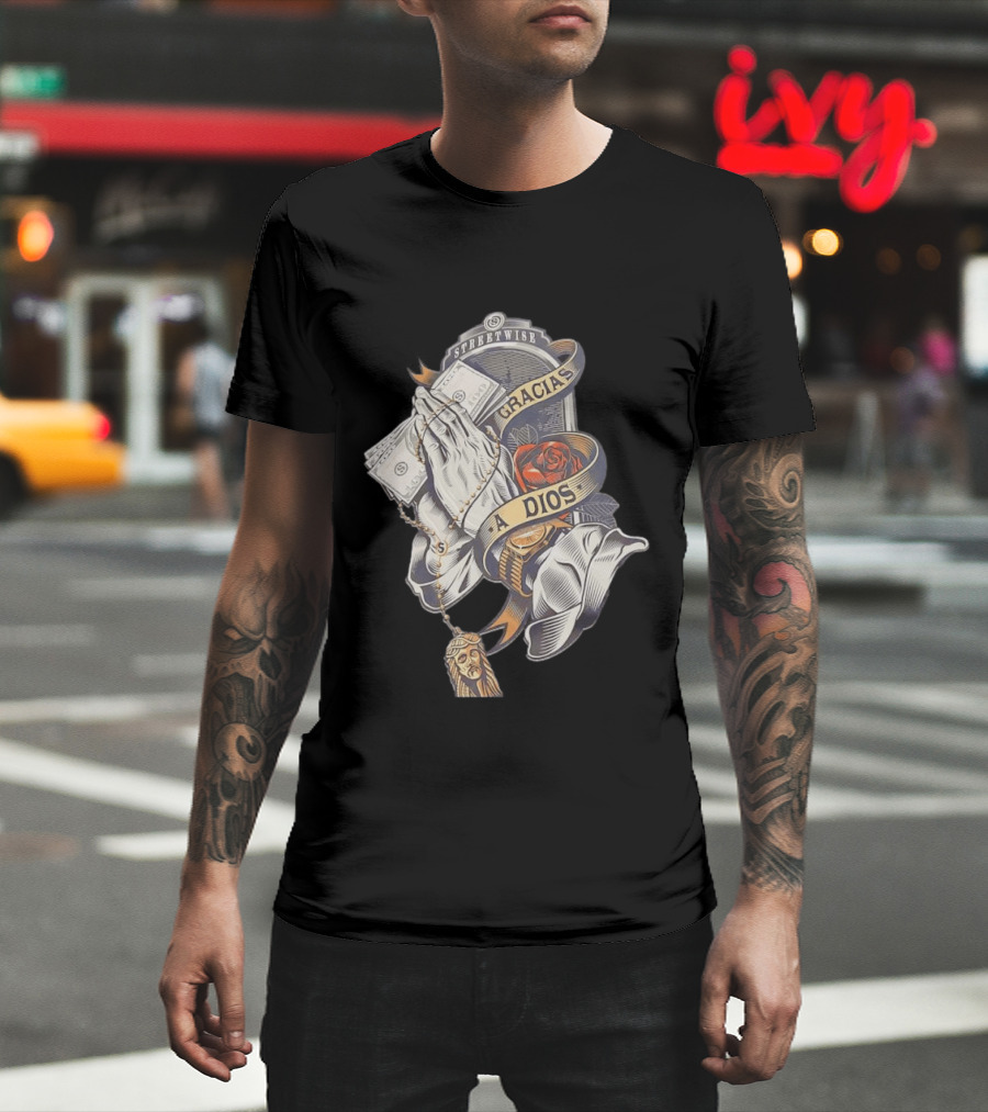 Streetwise Gracias A Dios Prayer Hands Rose Rosary T-Shirt