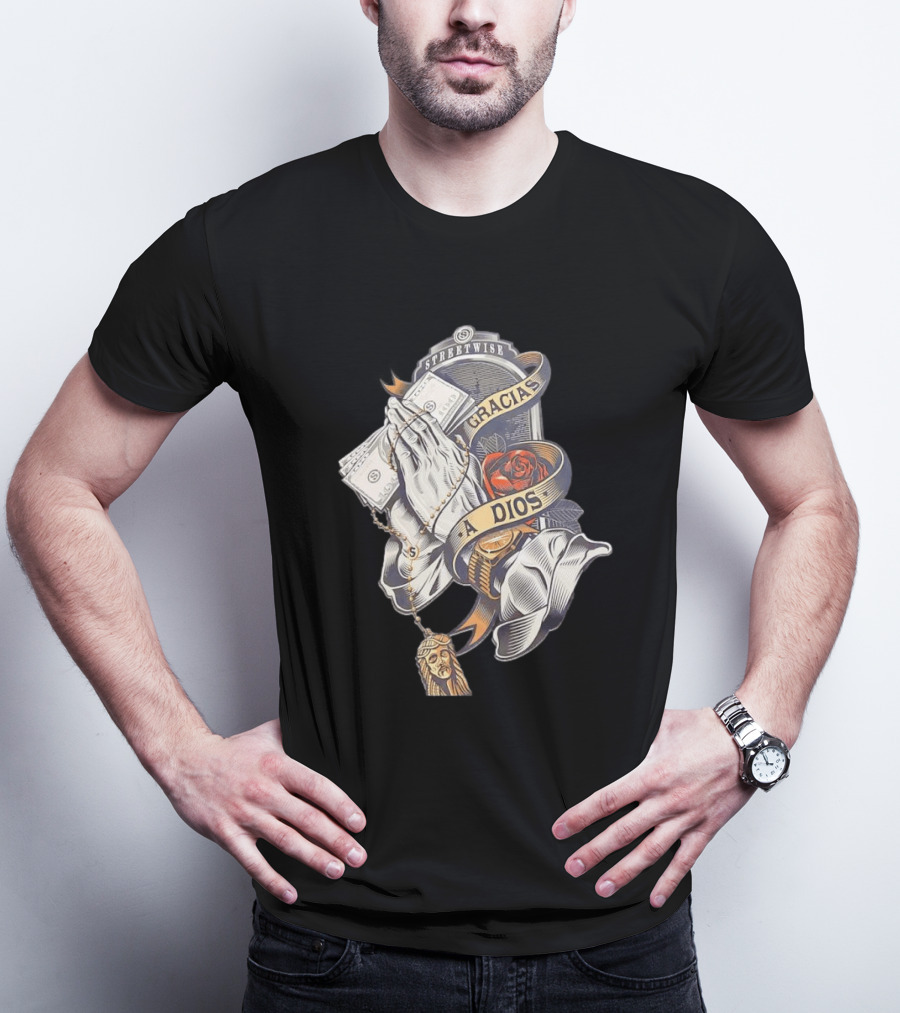 Streetwise Gracias A Dios Prayer Hands Rose Rosary T-Shirt
