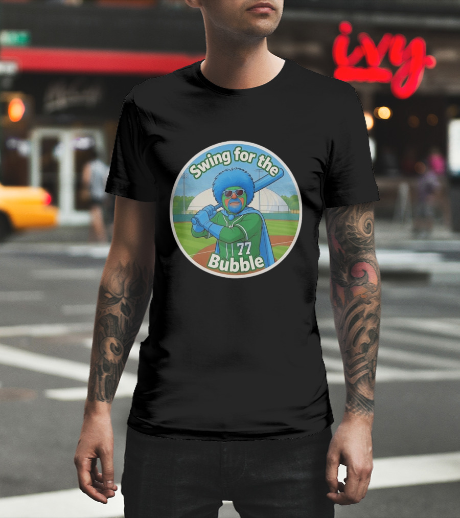Swing For The Bubble 77 Baseball Cartoon Player Stadium T-Shirt
