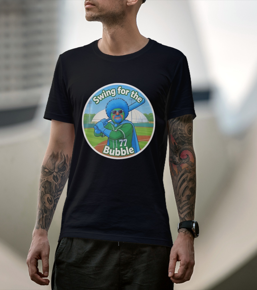 Swing For The Bubble 77 Baseball Cartoon Player Stadium T-Shirt