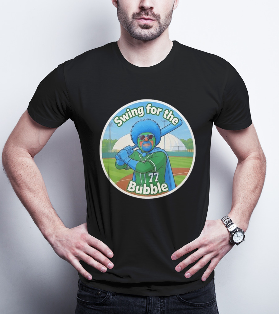 Swing For The Bubble 77 Baseball Cartoon Player Stadium T-Shirt