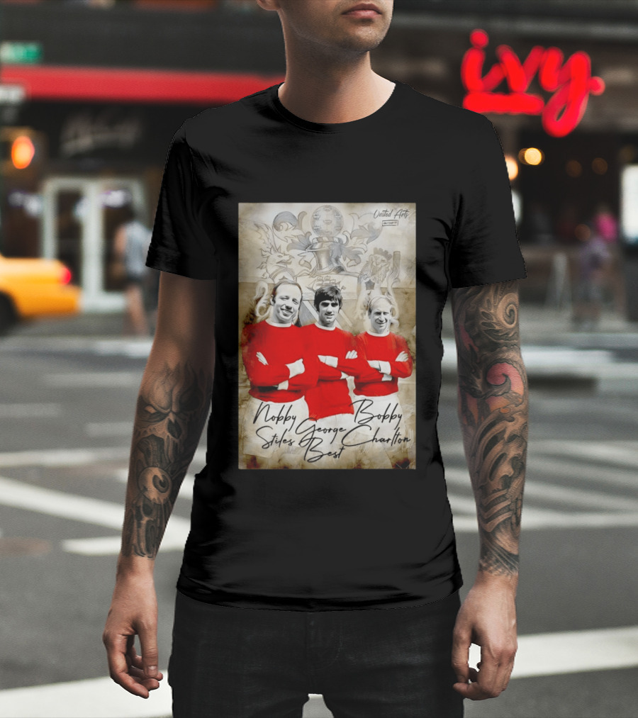 Nobby Stiles George Best Bobby Charlton Manchester United UEFA European Cup Lion Sketch T-Shirt