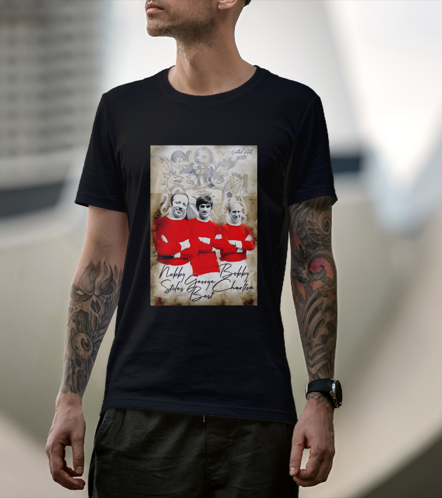 Nobby Stiles George Best Bobby Charlton Manchester United UEFA European Cup Lion Sketch T-Shirt