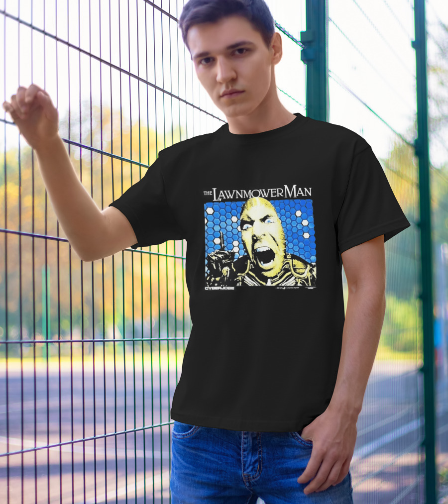 The Lawnmower Man Futuristic Cybernetic Face Against Blue Hexagon T-Shirt