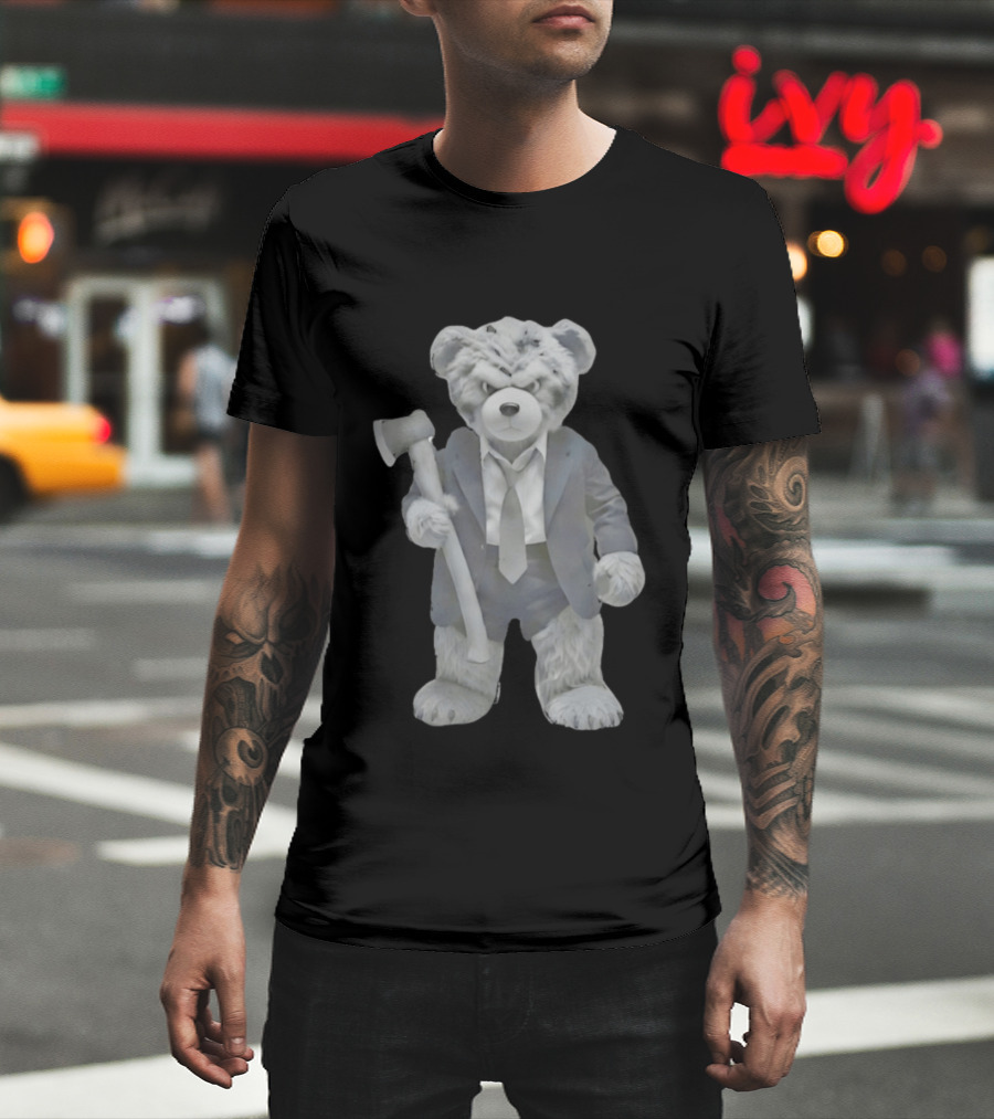 Grumpy Teddy Bear In Suit Holding Axe Horror T-Shirt
