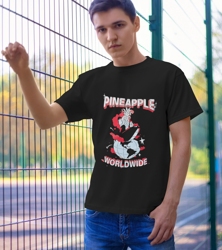 Pineapple Worldwide Cartoon Exploding Globe T-Shirt