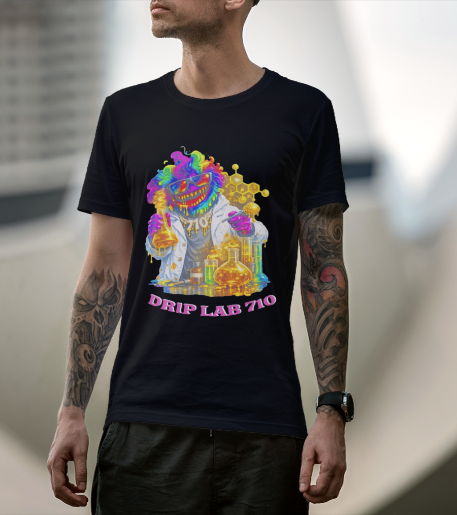 Drip Lab 710 Psychedelic Monster Chemist With Colorful Beakers T-Shirt