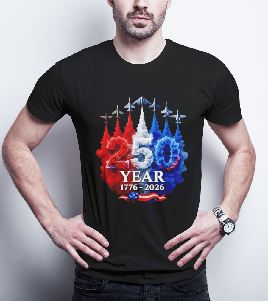 Fighter Jet Leaving A Smoke Trail 250 Years American 250th USA Patriotic 4th Of July T-Shirt