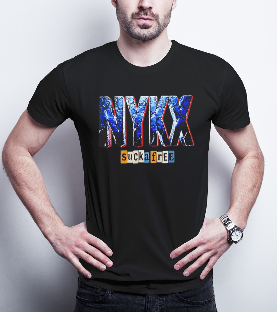 NYKX Sucka Free Bold Blue Text With Colorful Block Letters T-Shirt