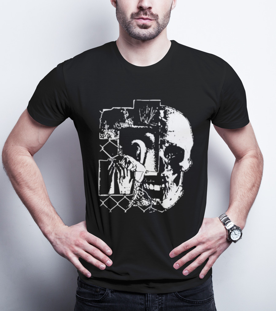 Harms Way Chain Link Skull 2026 Distorted Surreal White Design With Fence T-Shirt