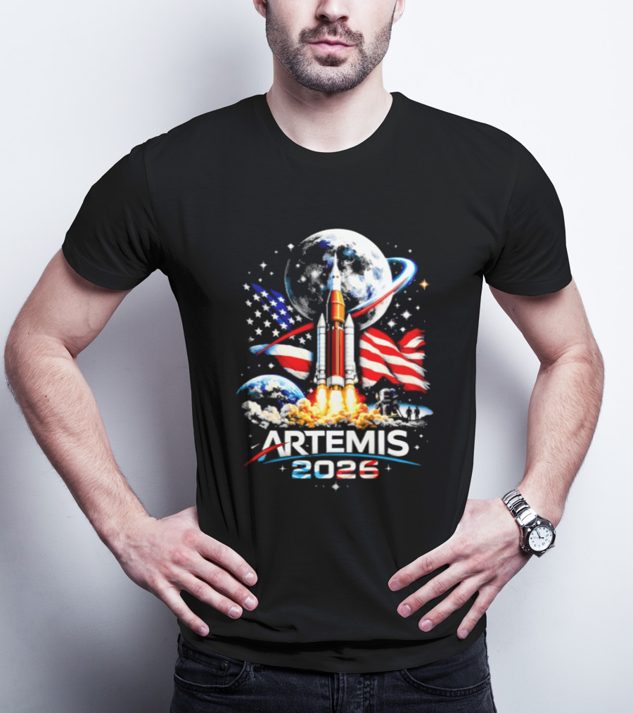 Artemis 2026 Moon Mission American Rocket Launch With Flag And Stars T-Shirt