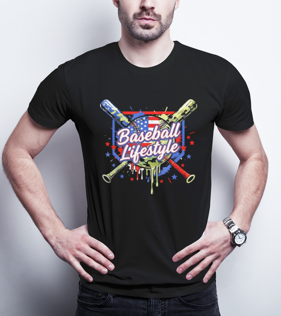 Baseball Lifestyle Camo American Flag Bats Stars Paint Splatter T-Shirt