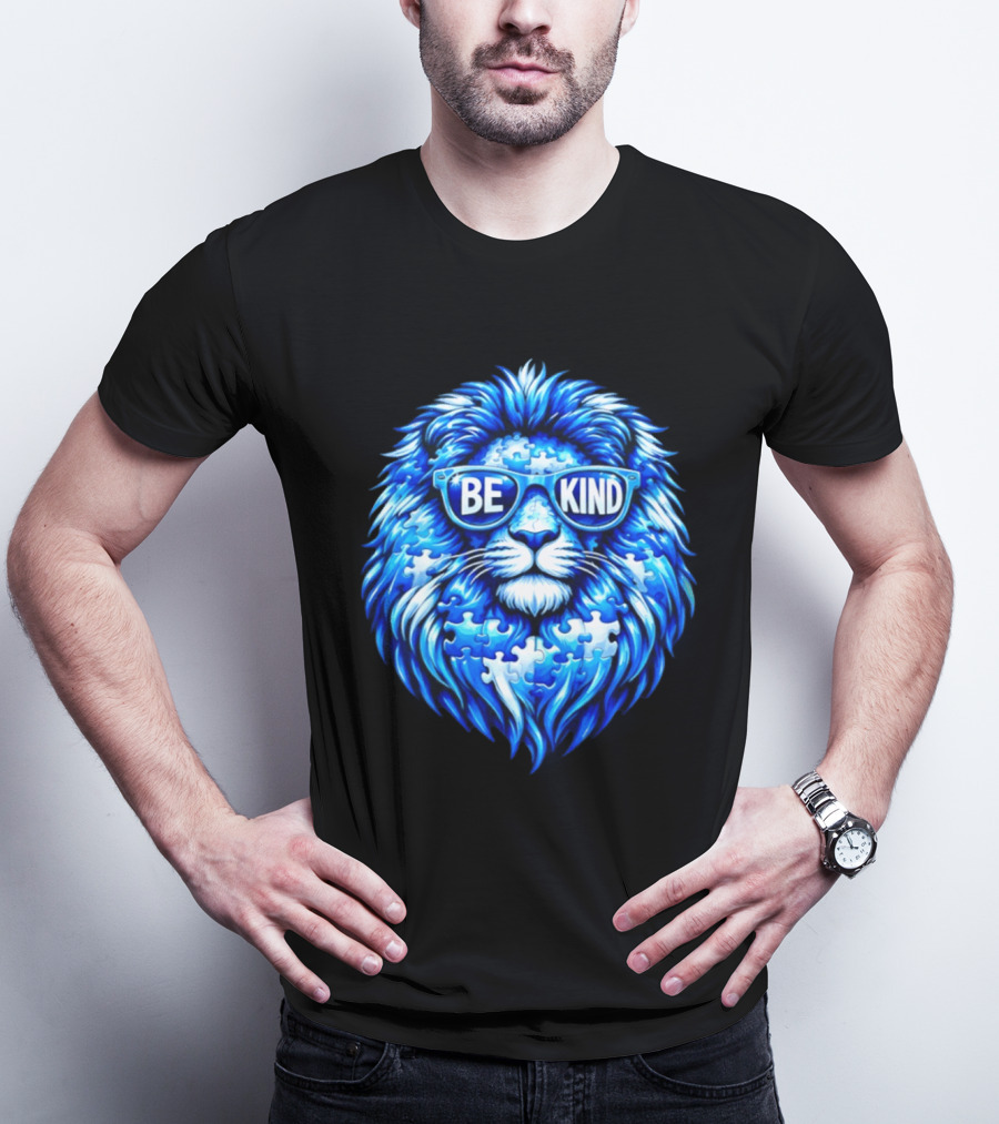 Blue Lion Be Kind Sunglasses Autism Awareness Puzzle T-Shirt