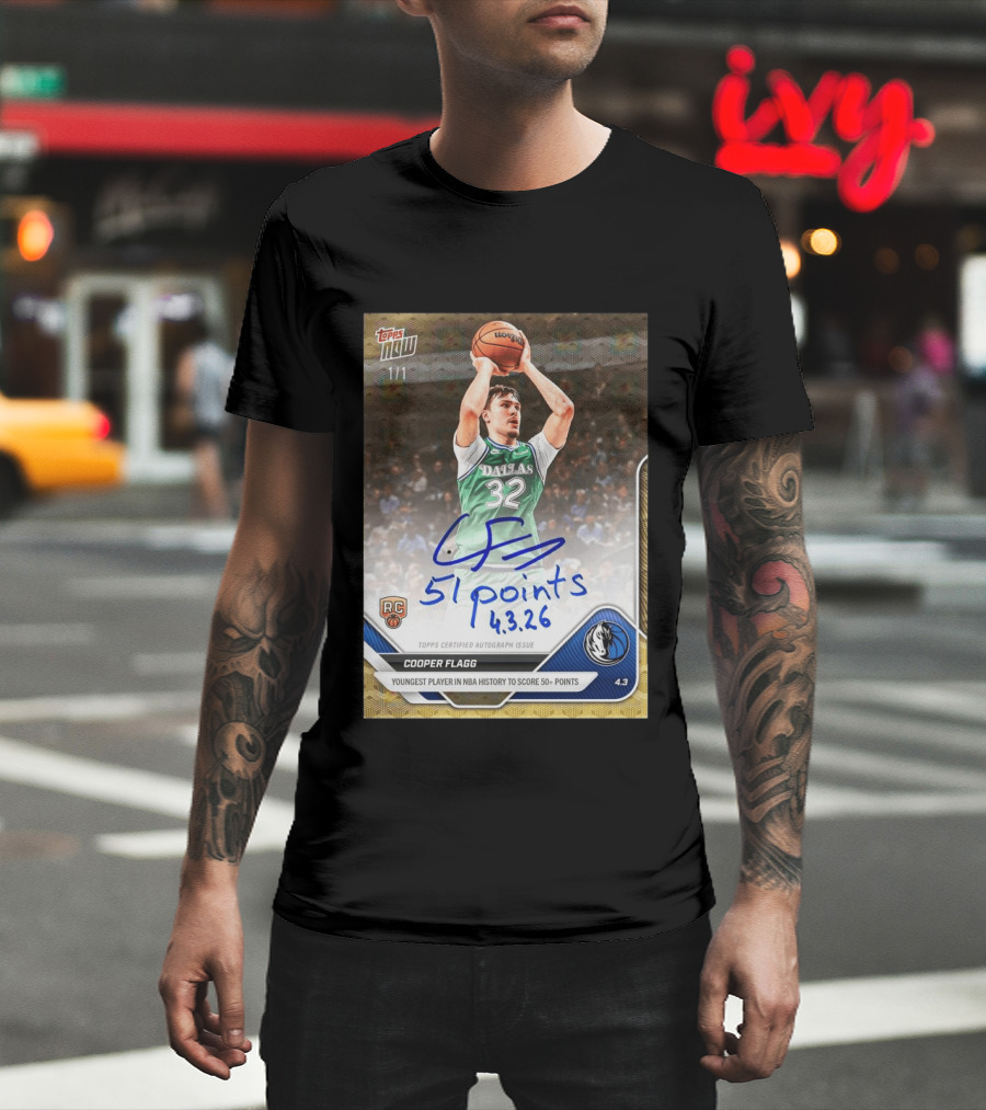 Topps Now Cooper Flagg 51 Points Youngest NBA History Dallas Mavericks Rookie Card T-Shirt