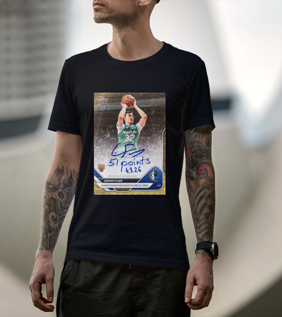 Topps Now Cooper Flagg 51 Points Youngest NBA History Dallas Mavericks Rookie Card T-Shirt