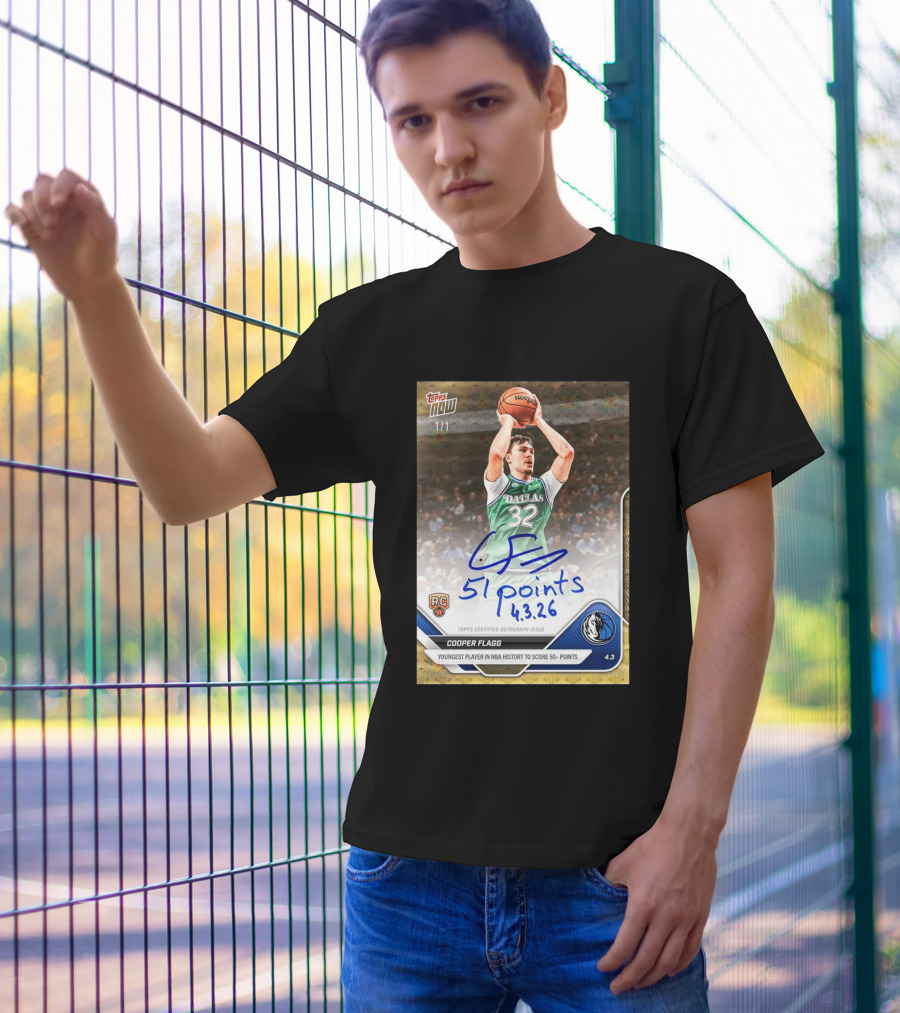 Topps Now Cooper Flagg 51 Points Youngest NBA History Dallas Mavericks Rookie Card T-Shirt