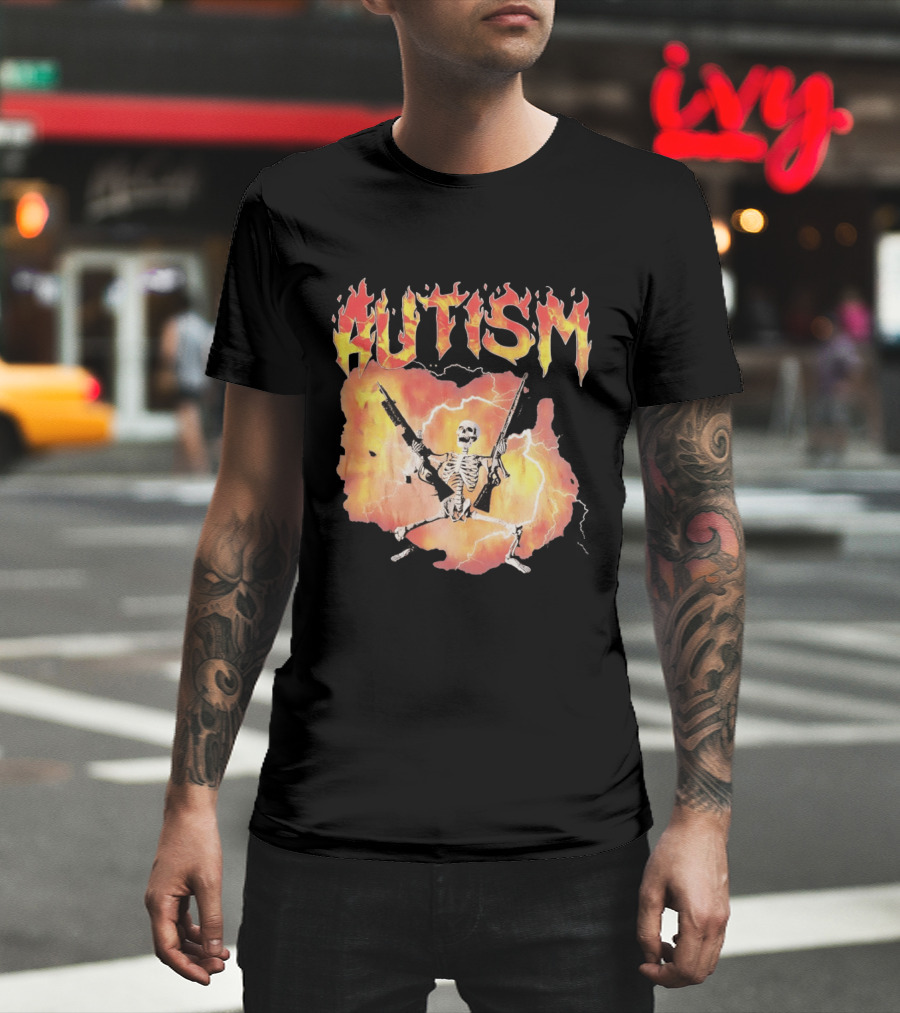 Autism Flaming Skeleton Meme Guns Edgy Fire T-Shirt