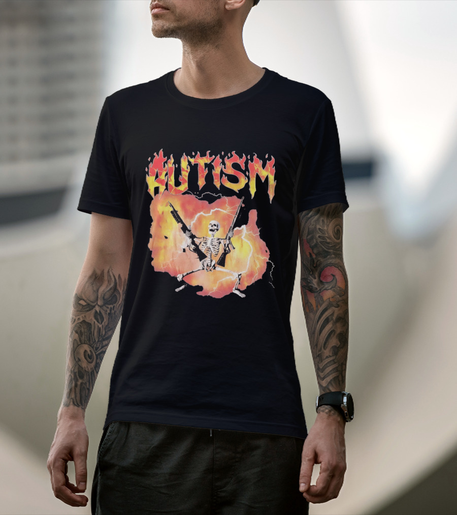 Autism Flaming Skeleton Meme Guns Edgy Fire T-Shirt