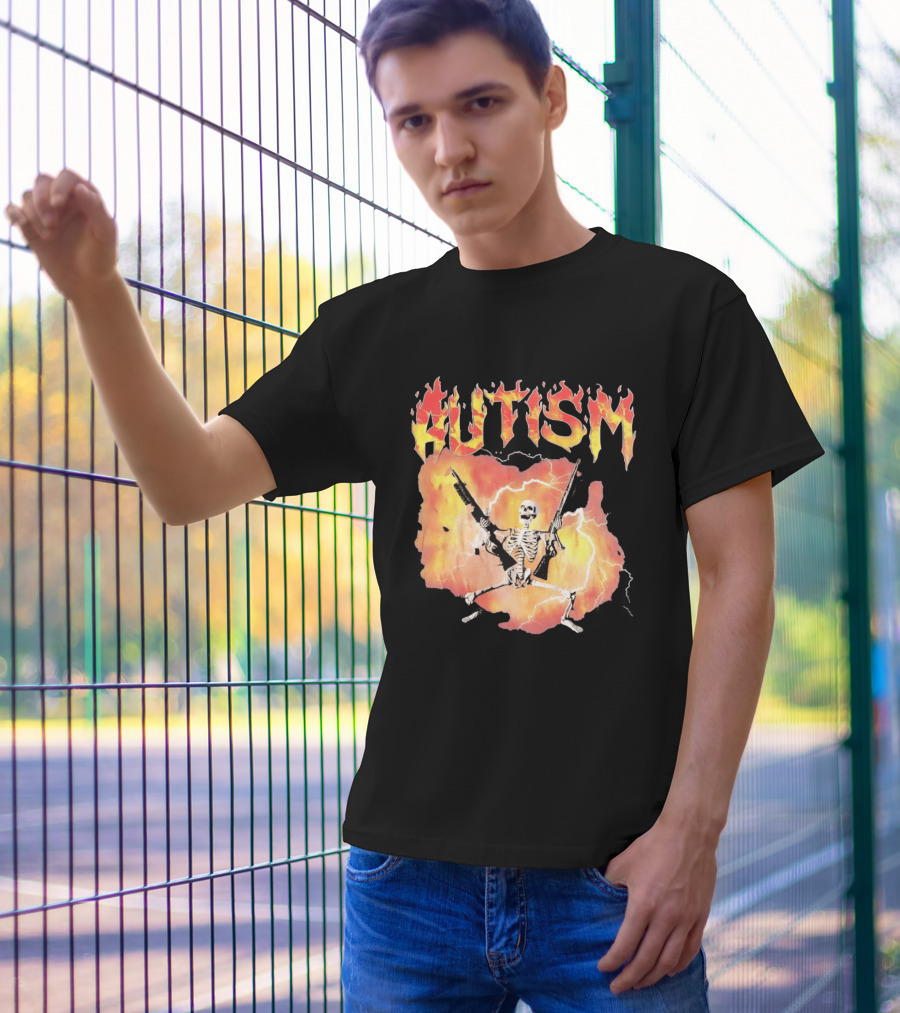 Autism Flaming Skeleton Meme Guns Edgy Fire T-Shirt