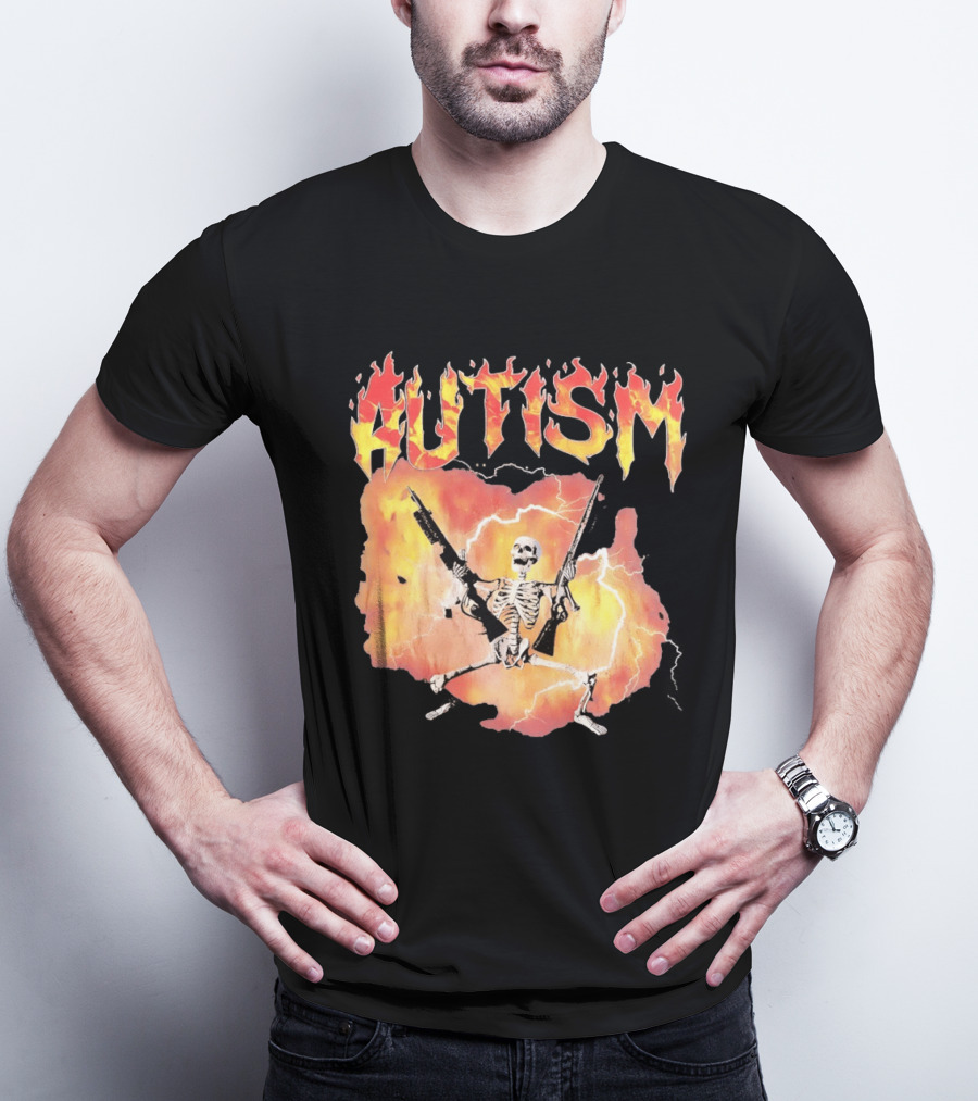 Autism Flaming Skeleton Meme Guns Edgy Fire T-Shirt