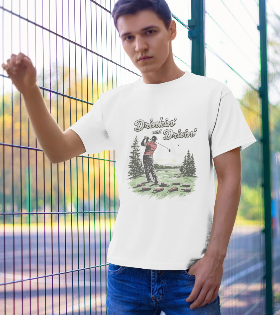 Drinkin' And Drivin' Man Playing Golf With Sunset And Trees T-Shirt