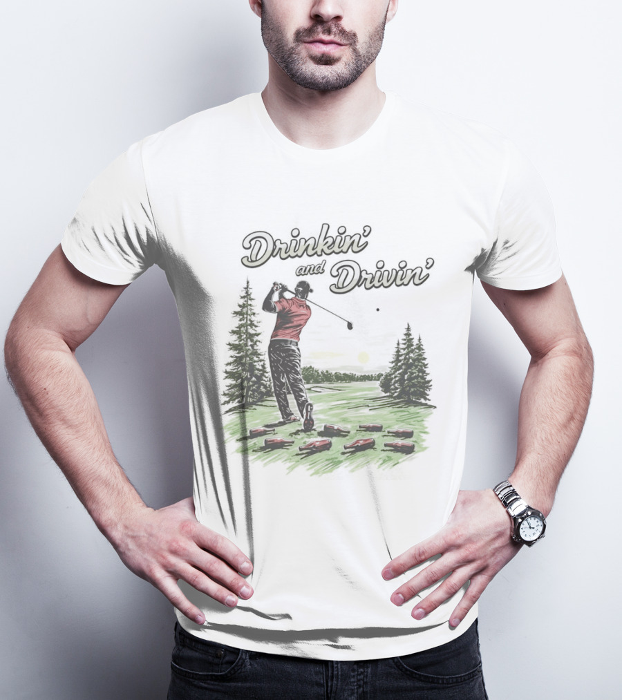 Drinkin' And Drivin' Man Playing Golf With Sunset And Trees T-Shirt