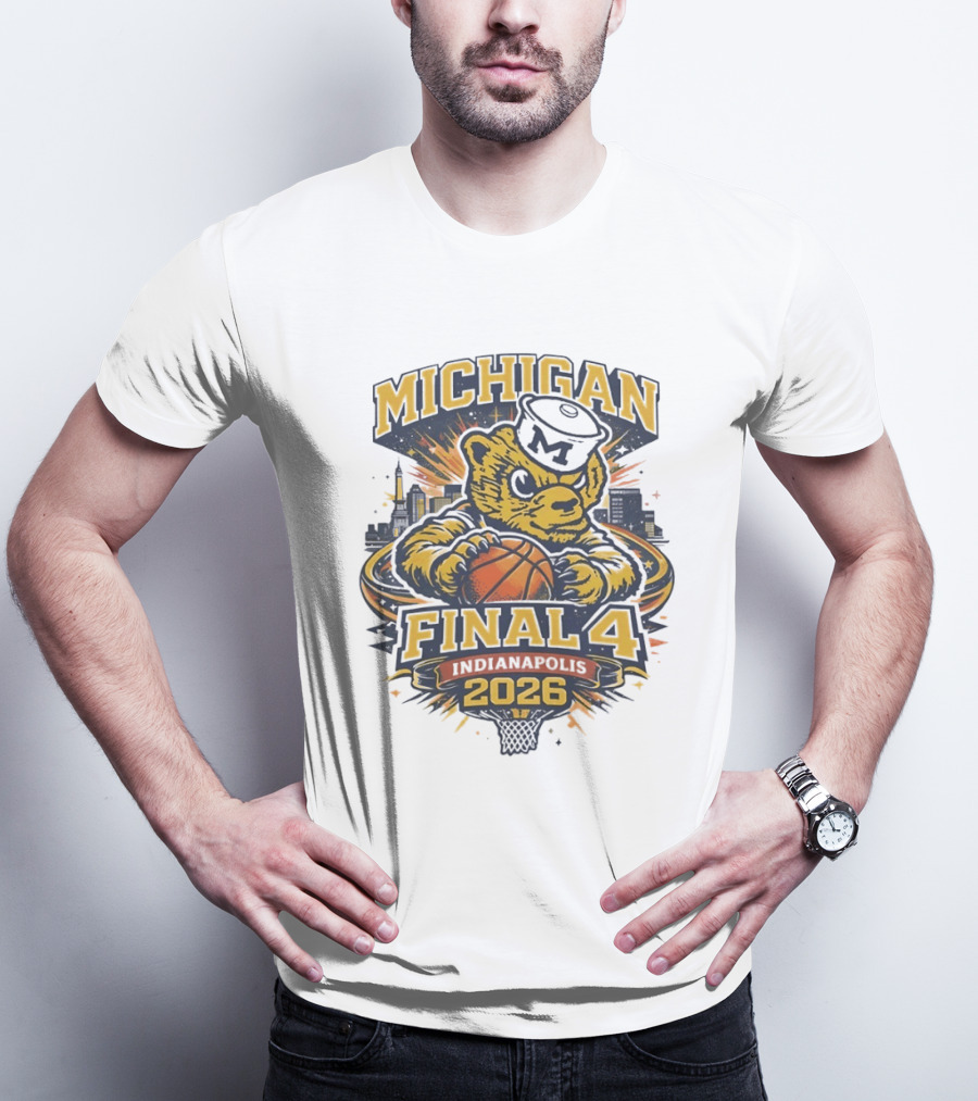 Michigan Wolverines Final Four 2026 Indianapolis Skyline Basketball Bear T-Shirt