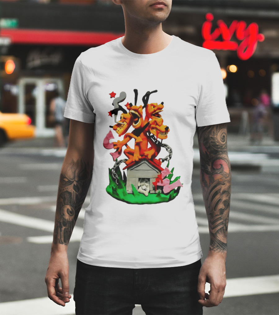 Three Head Monster Dog Cerberus Cartoon Chain House Statue T-Shirt