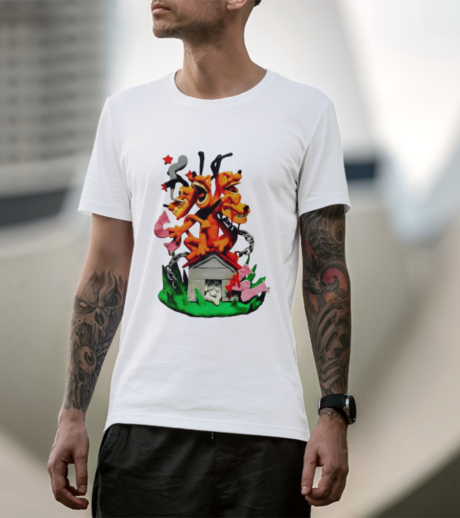 Three Head Monster Dog Cerberus Cartoon Chain House Statue T-Shirt