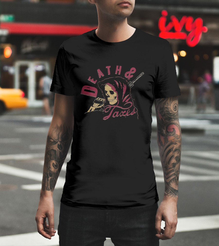 Death And Taxes Grim Reaper Skeleton Holding Scythe T-Shirt