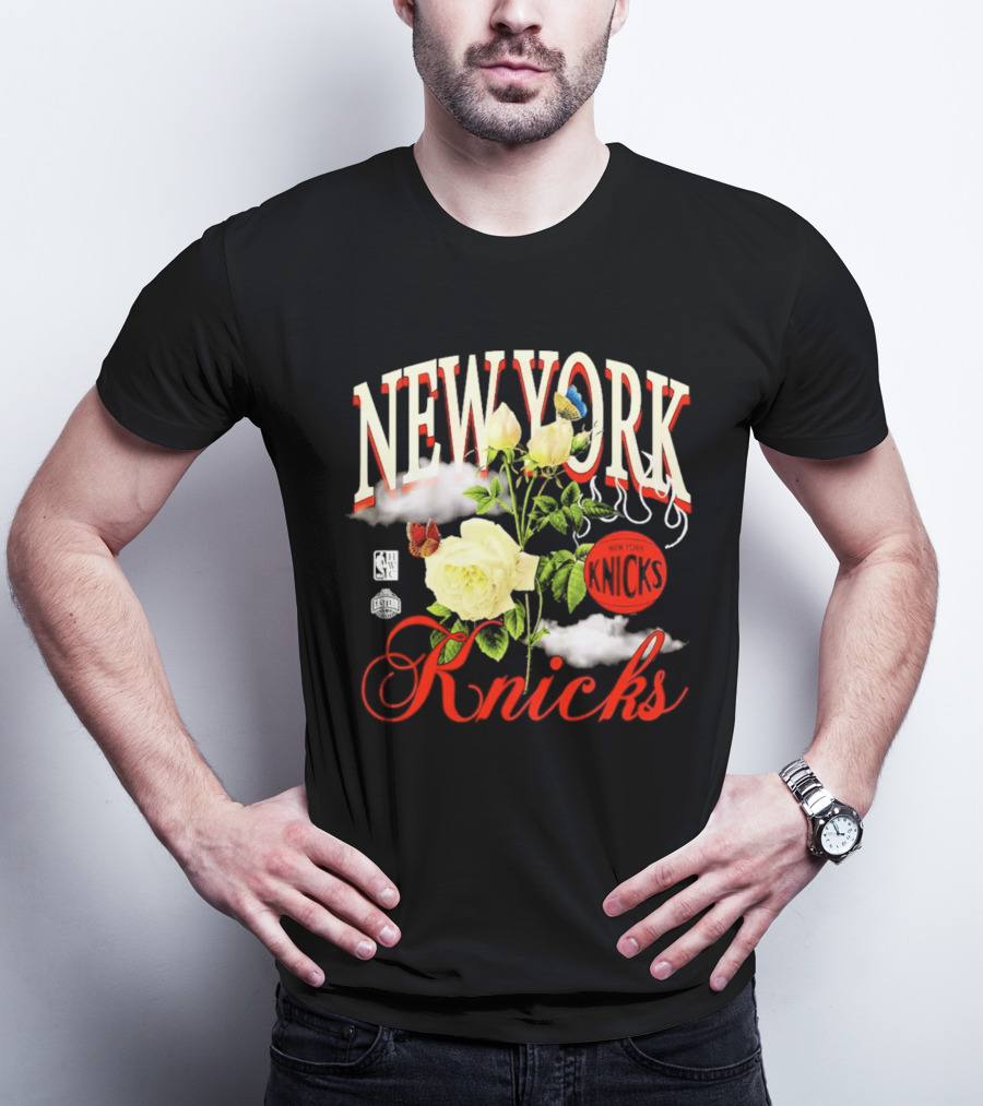 New York Knicks Floral Art With Butterflies And Roses T-Shirt