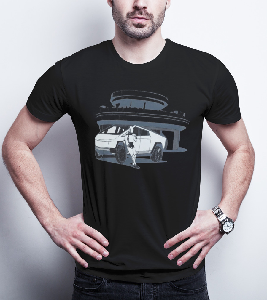 Tesla Cybertruck And Robot At Space Age Coffee Counter T-Shirt