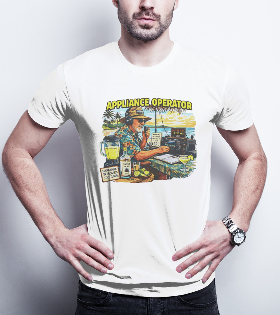 Appliance Operator Radio Margarita In Progress Stay Tuned Beach Tropical Scene T-Shirt