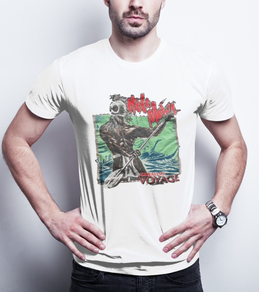 Holo Moana Hawaiian Voyage Paddler With Tribal Mask And Canoe Scene T-Shirt