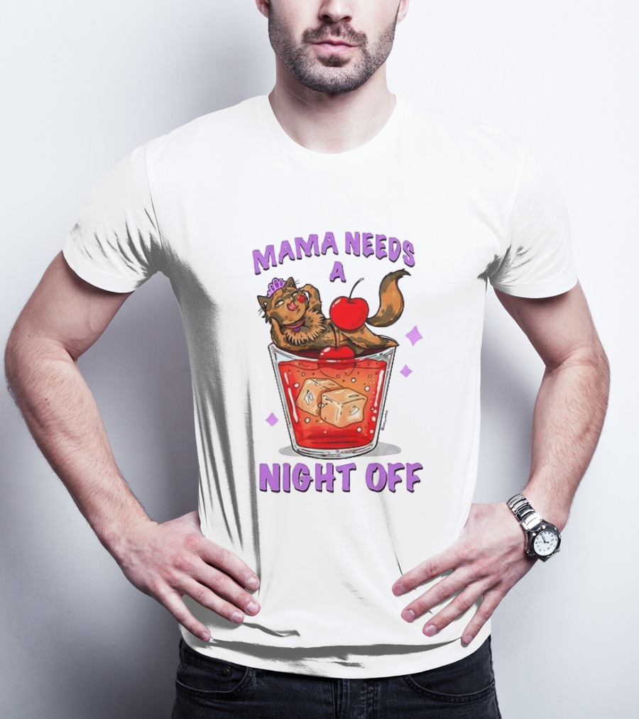 Mama Needs A Night Off Cat Chilling In Cocktail With Cherry And Ice Cubes T-Shirt