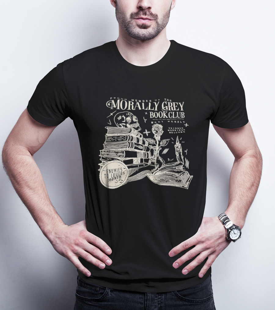 Morally Grey Book Club Skull Candle Rose Stacked Books Open Pages Stars T-Shirt