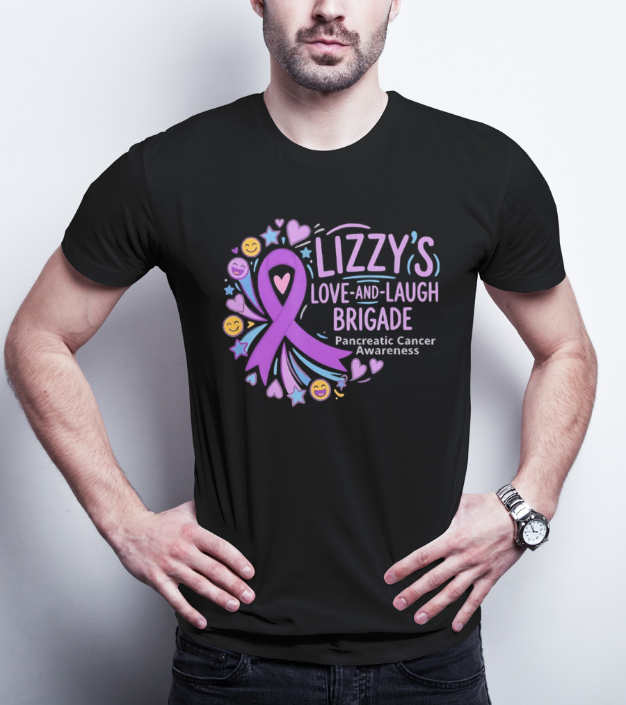 Lizzy's Love And Laugh Brigade Pancreatic Cancer Awareness Purple Ribbon Hearts And Smiles T-Shirt