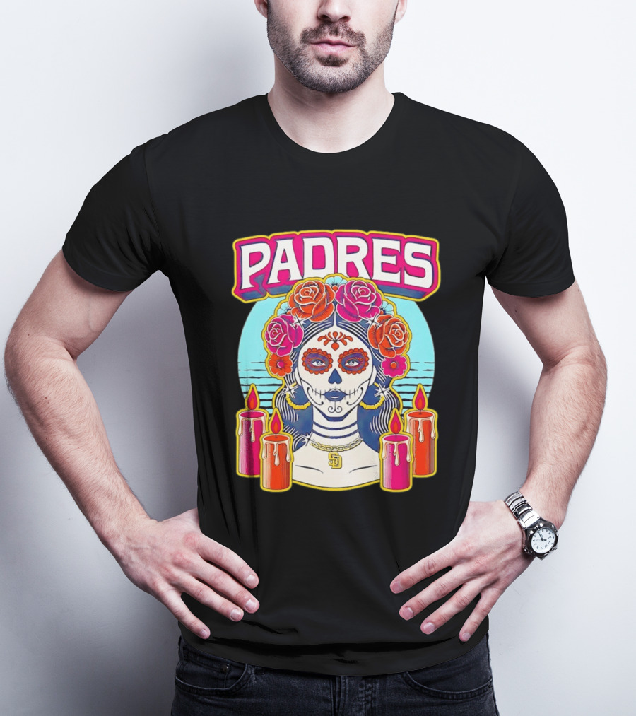 San Diego Padres La Catrina Dia De Los Muertos Candles And Flowers T-Shirt