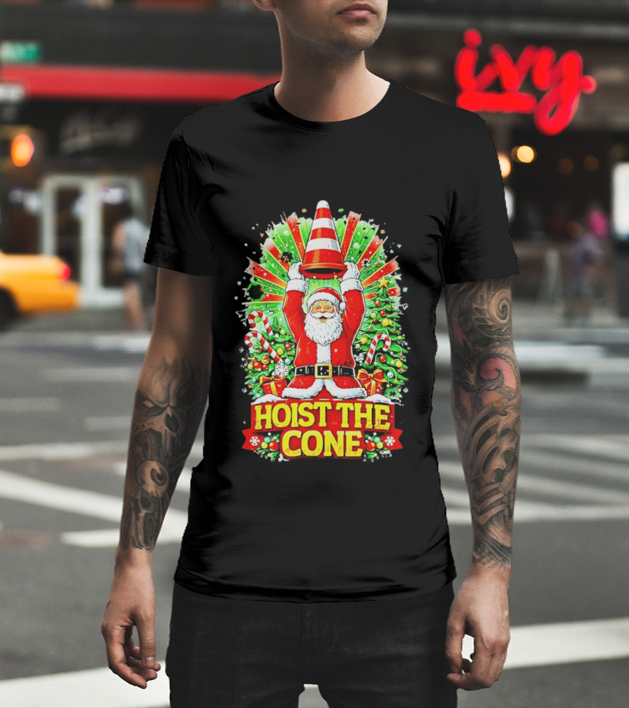 Santa Hoist The Cone Christmas Lights Tree Candy Canes T-Shirt
