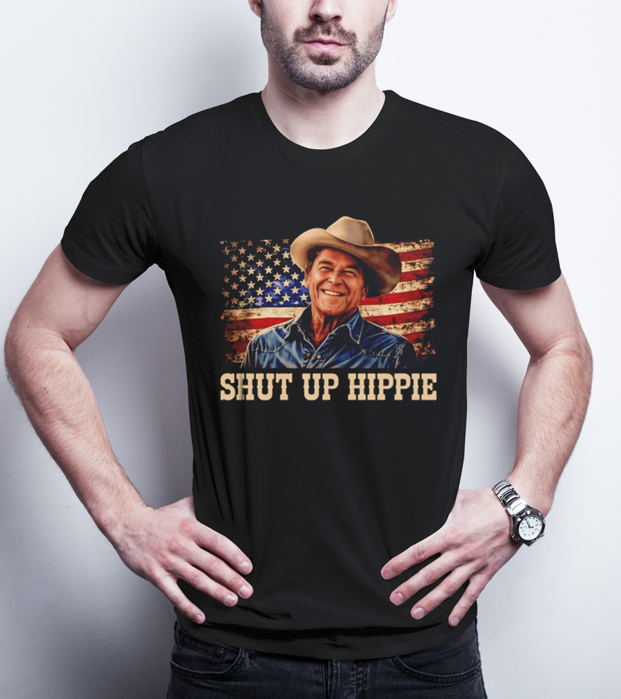 Shut Up Hippie Ronald Reagan Cowboy Hat American Flag T-Shirt
