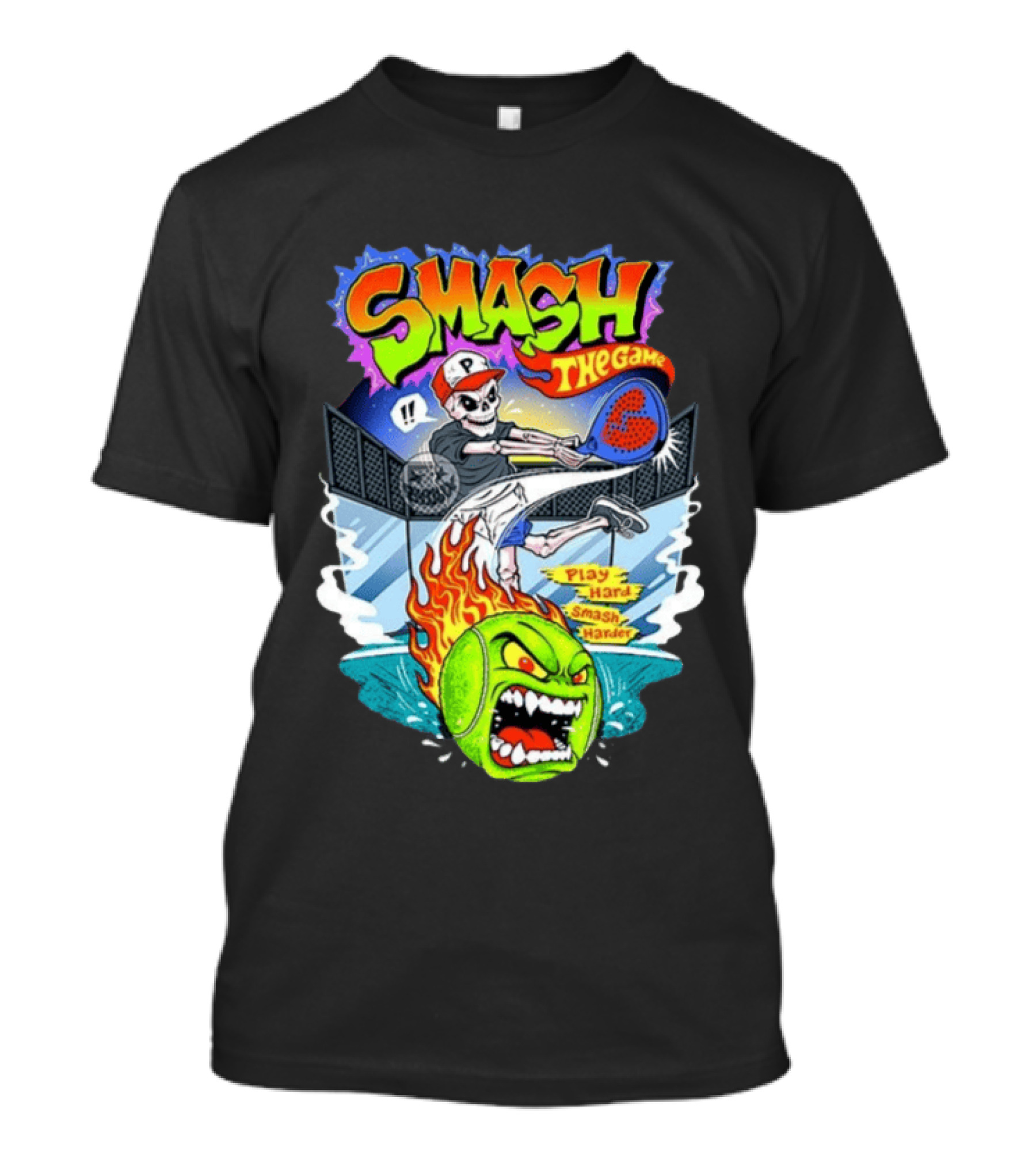 Smash The Game Play Hard Smash Harder Skeleton Playing Pickleball With Fiery Ball And Court T-Shirt