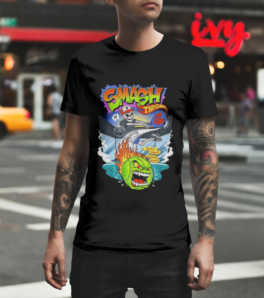 Smash The Game Play Hard Smash Harder Skeleton Playing Pickleball With Fiery Ball And Court T-Shirt