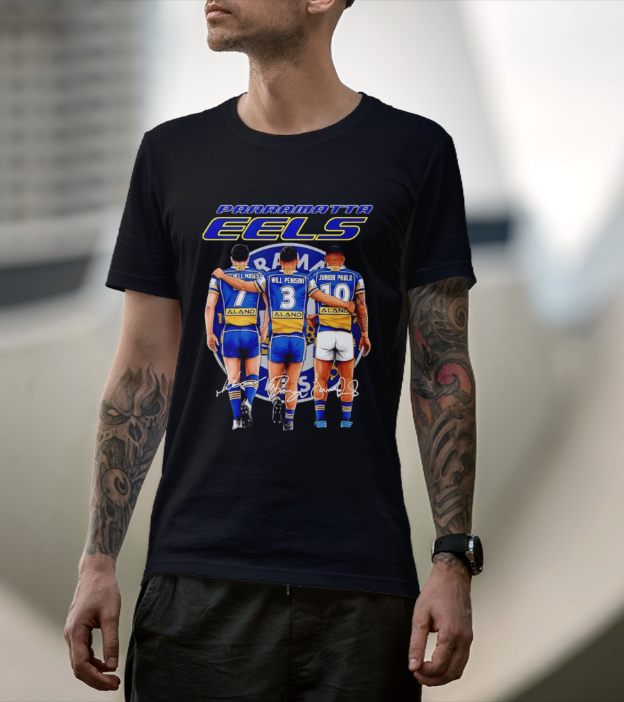 Parramatta Eels Mitchell Moses Will Penisini Junior Paulo Signatures T-Shirt