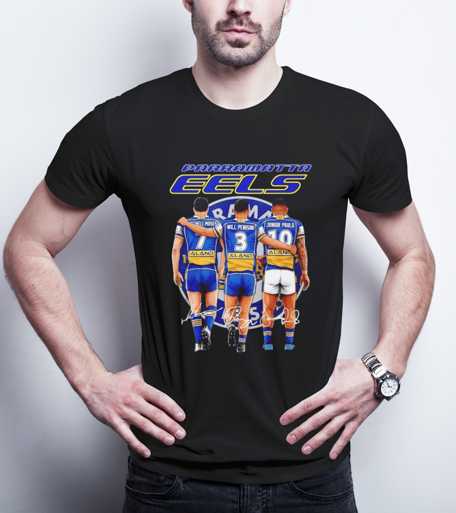 Parramatta Eels Mitchell Moses Will Penisini Junior Paulo Signatures T-Shirt