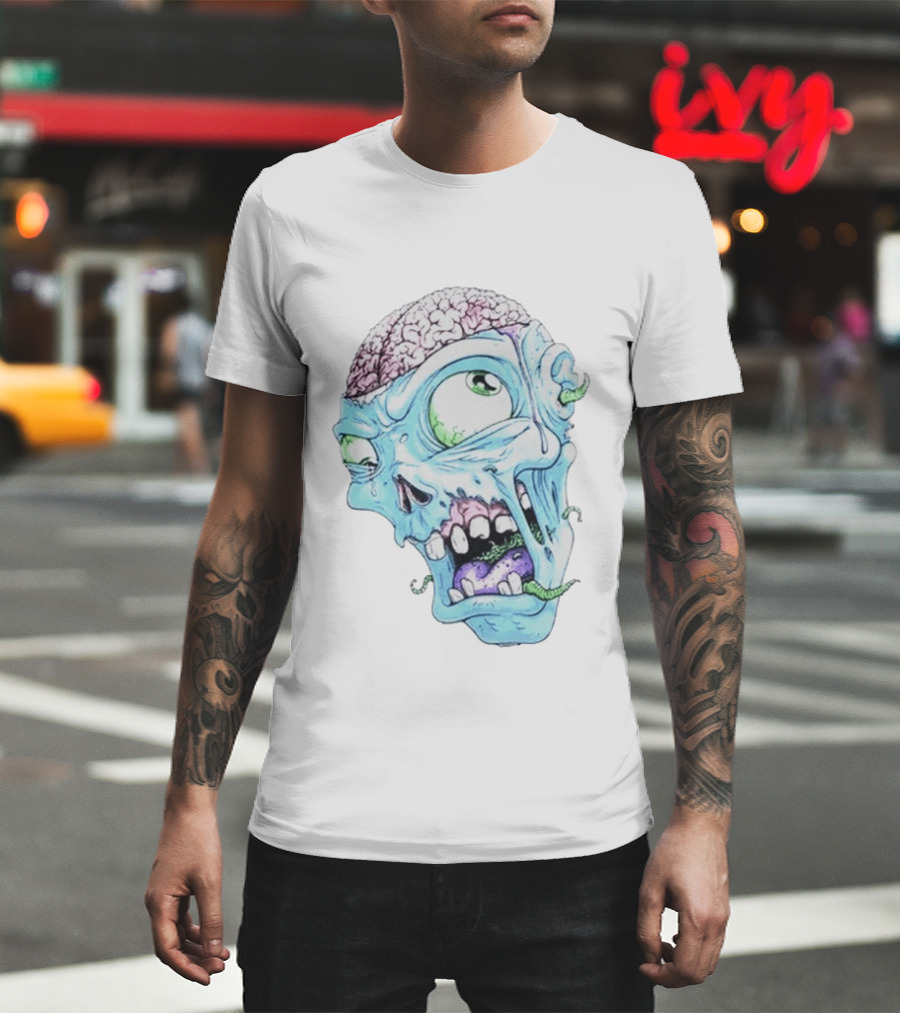 Annoyed Monster Head Zombie Skull Illustration With Exposed Brain And Worms T-Shirt